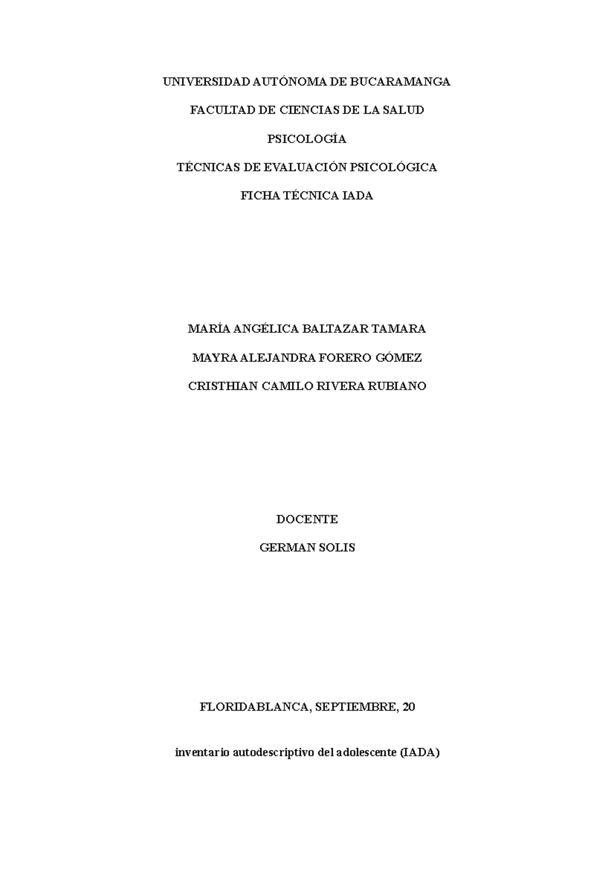 Ficha técnica IADA - UNIVERSIDAD DE BUCARAMANGA FACULTAD DE CIENCIAS DE ...