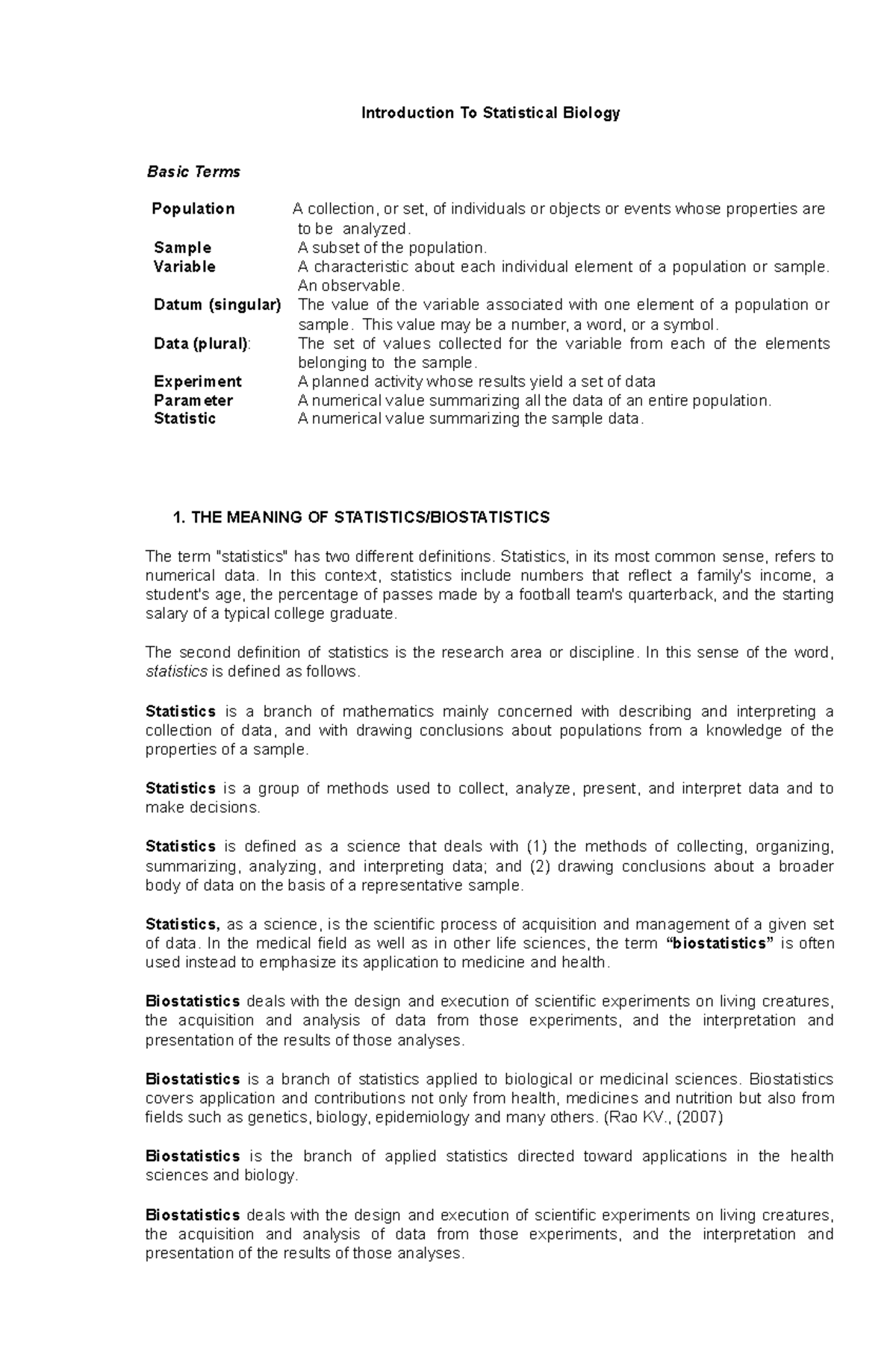 Introduction To Statistical Biology - Sample A subset of the population ...