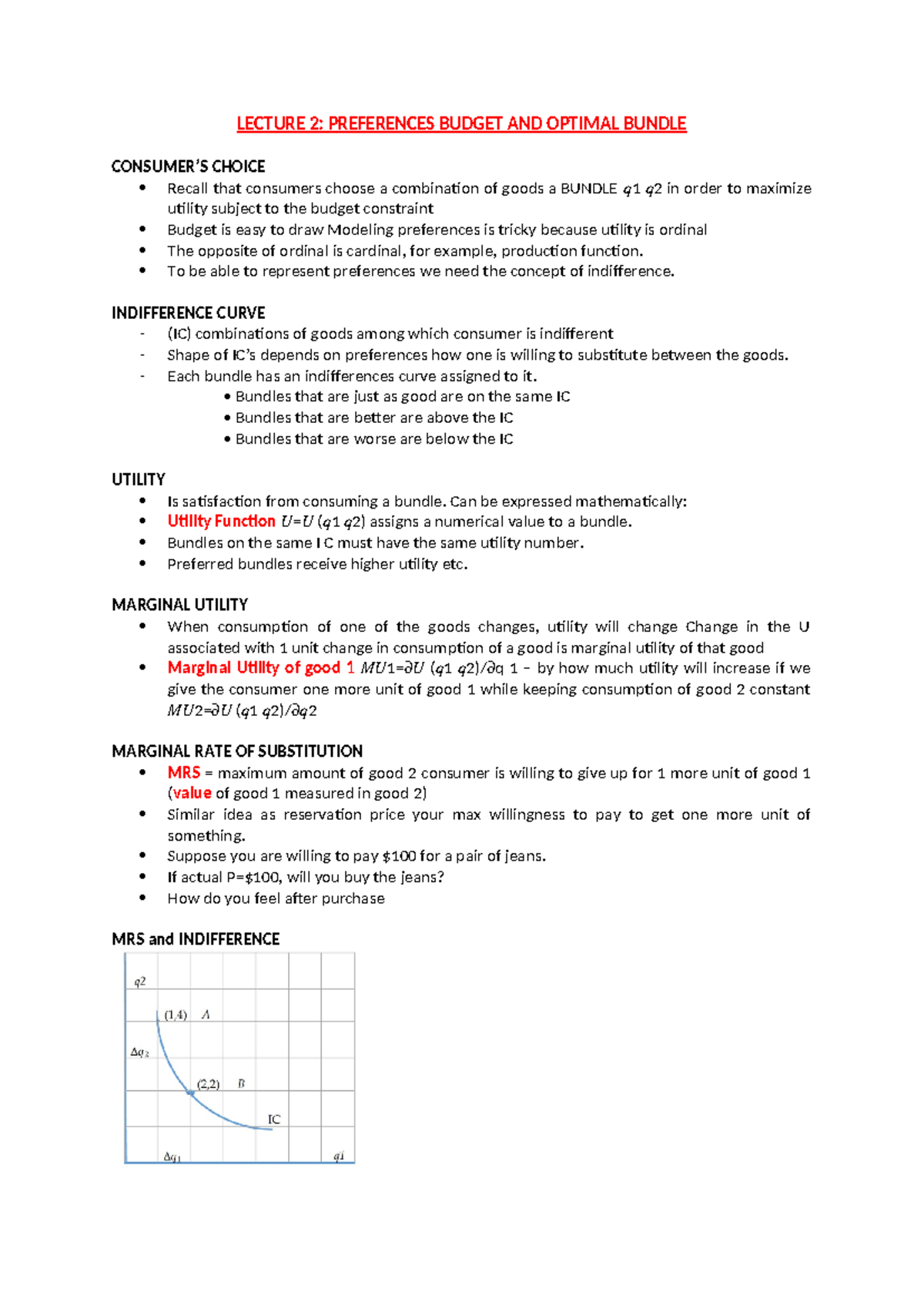 Lecture 2 - Managerial Economics - LECTURE 2: PREFERENCES BUDGET AND OPTIMAL BUNDLE CONSUMER’S ...