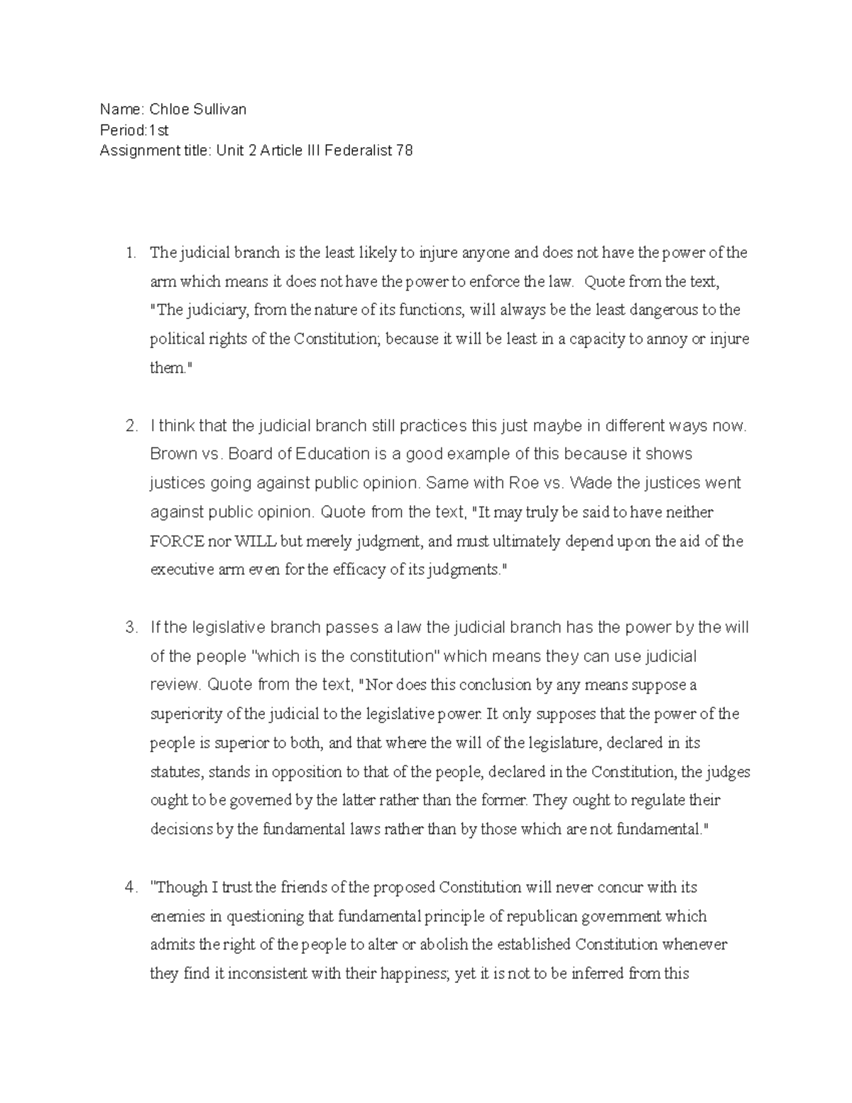 Unit 2 Article III Federalist 78 - Name: Chloe Sullivan Period:1st ...