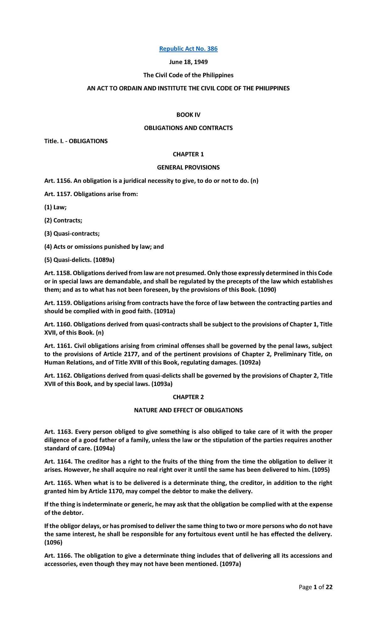 The Law of Obligations and Contacts - Republic Act No. 386 June 18 ...