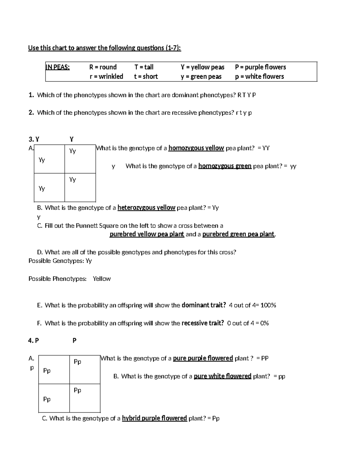 Monohybrid Cross Practice - Use this chart to answer the following ...
