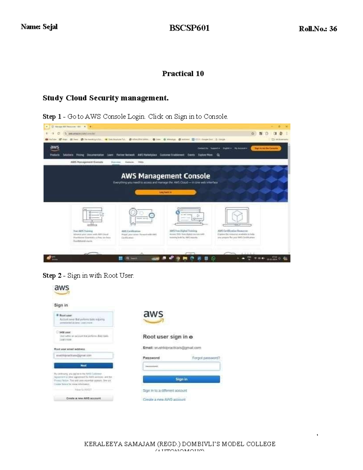 Cloud Computing Practical 10 - Rawal BSCSP601 Roll.: 36 1 KERALEEYA SAMAJAM (REGD.) DOMBIVLI’S ...