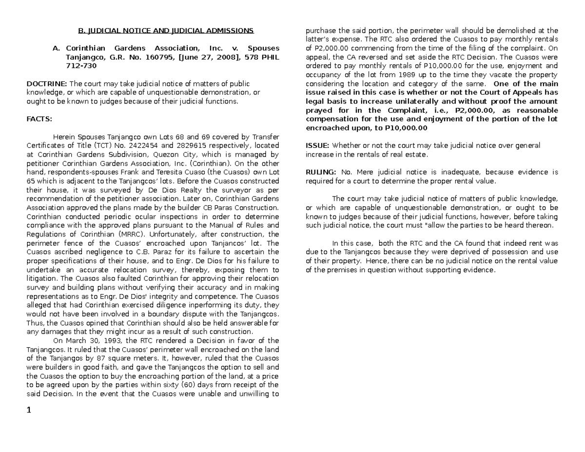 COMPILATION OF ASSIGNED CASES - B. JUDICIAL NOTICE AND JUDICIAL ...