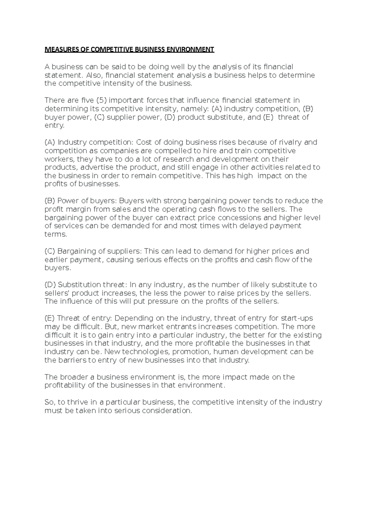 Measures OF Competitive Business Environment - MEASURES OF COMPETITIVE ...