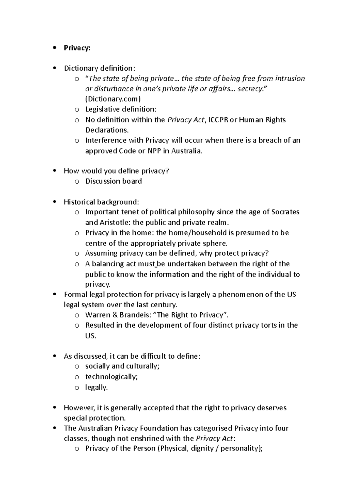 Privacy Law - Lecture note 1-13 - Privacy: Dictionary definition: o ...