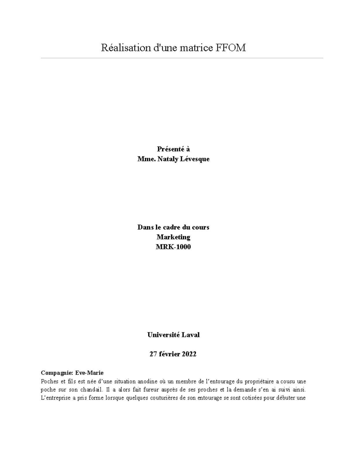 MRK - FFMO - Réalisation d'une matrice FFOM Présenté à Mme. Nataly ...