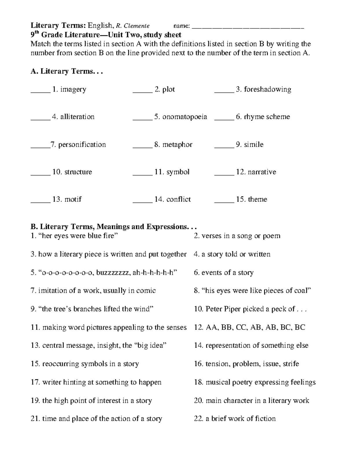 Literary terms quiz english r - Literary Terms: English, R. Clemente ...