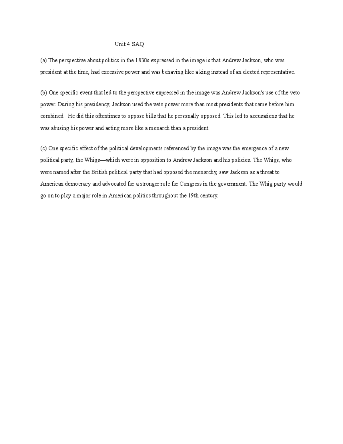 Unit 4 SAQ - SAQ - Unit 4 SAQ (a) The perspective about politics in the ...