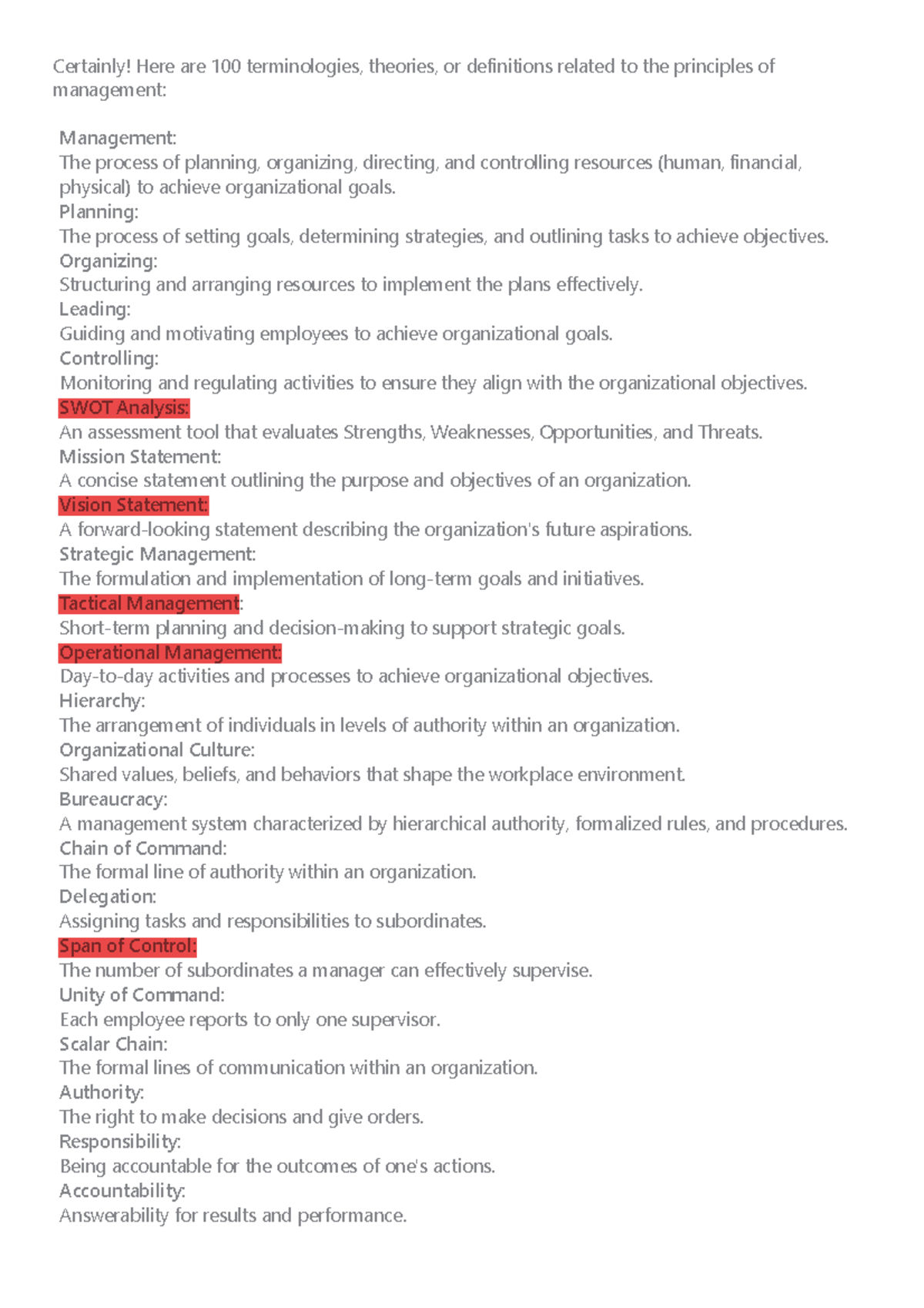 1 Principles OF Management - Certainly! Here are 100 terminologies ...