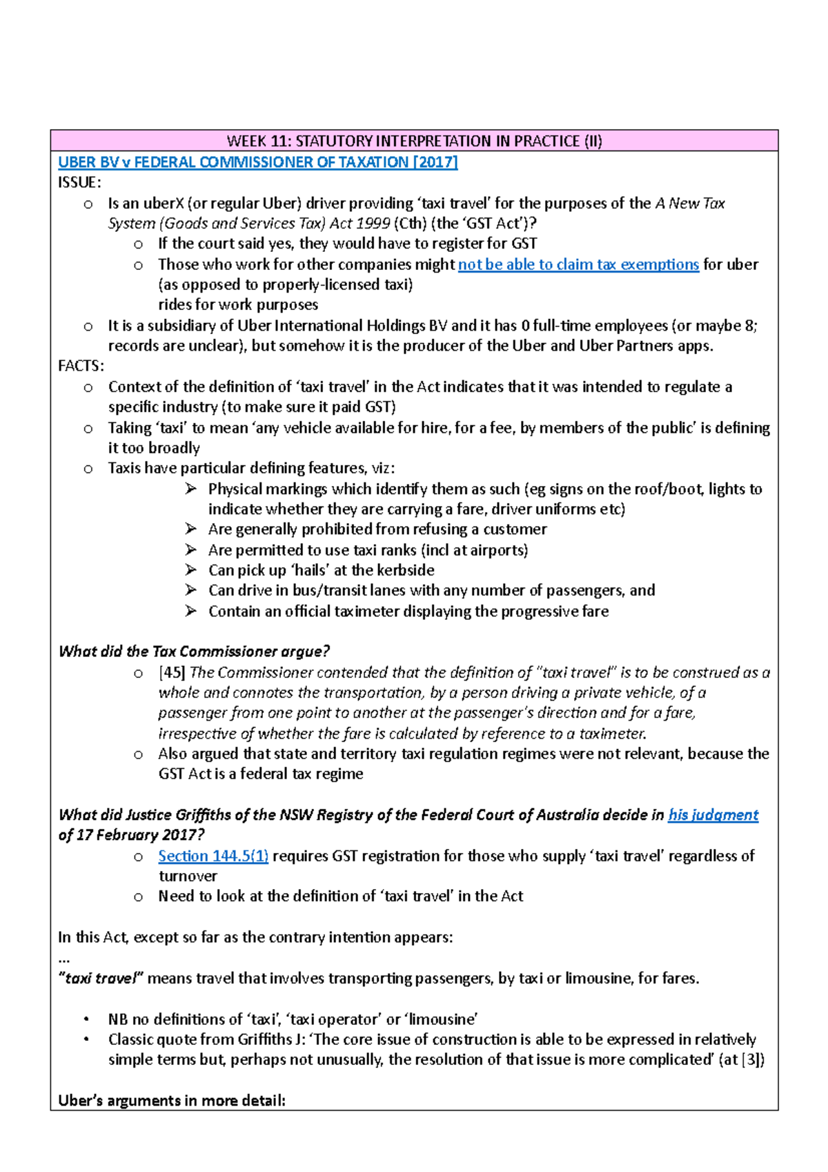 Week 11 lecture notes - WEEK 11: STATUTORY INTERPRETATION IN PRACTICE ...