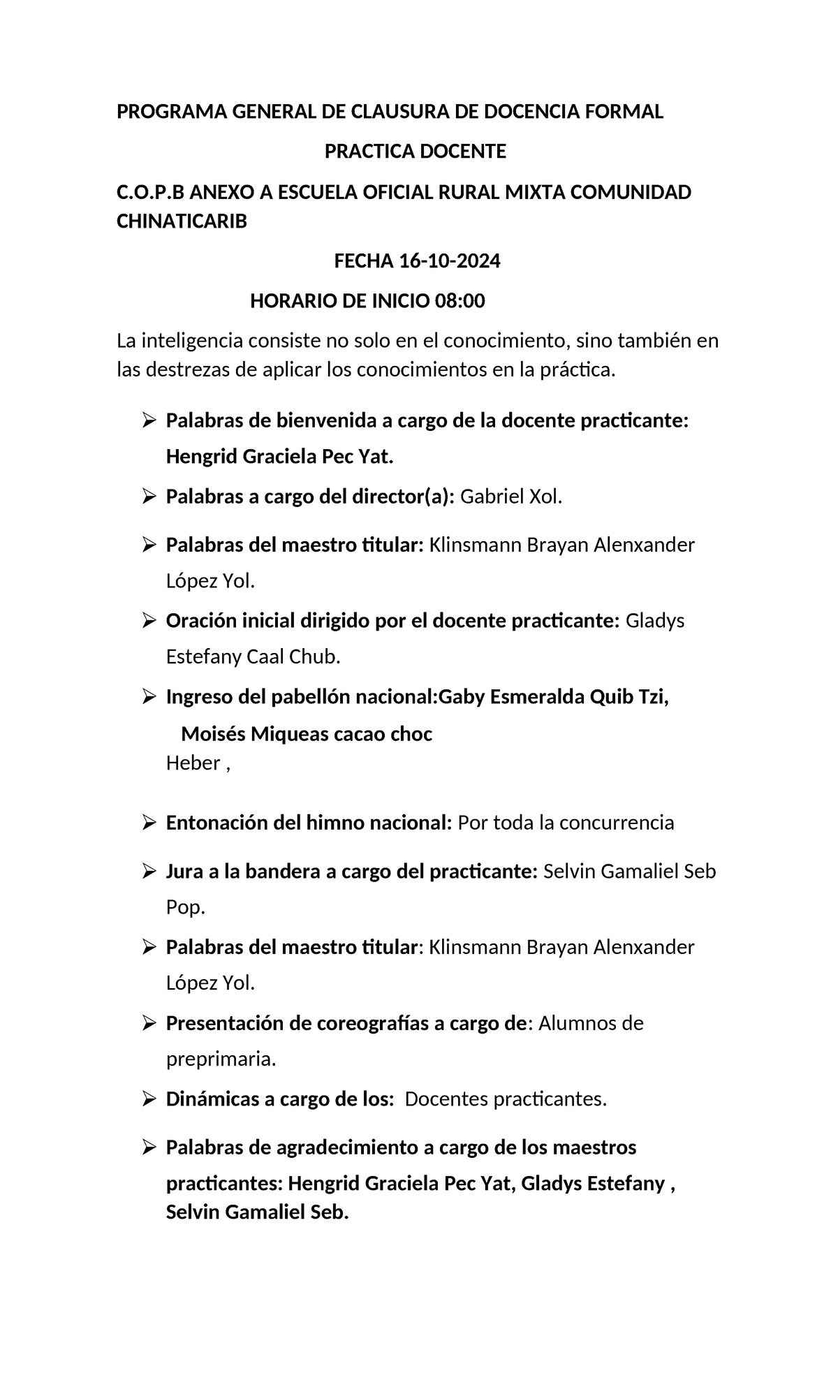 Programa de clausura - PROGRAMA GENERAL DE CLAUSURA DE DOCENCIA FORMAL PRACTICA DOCENTE C.O.P ...