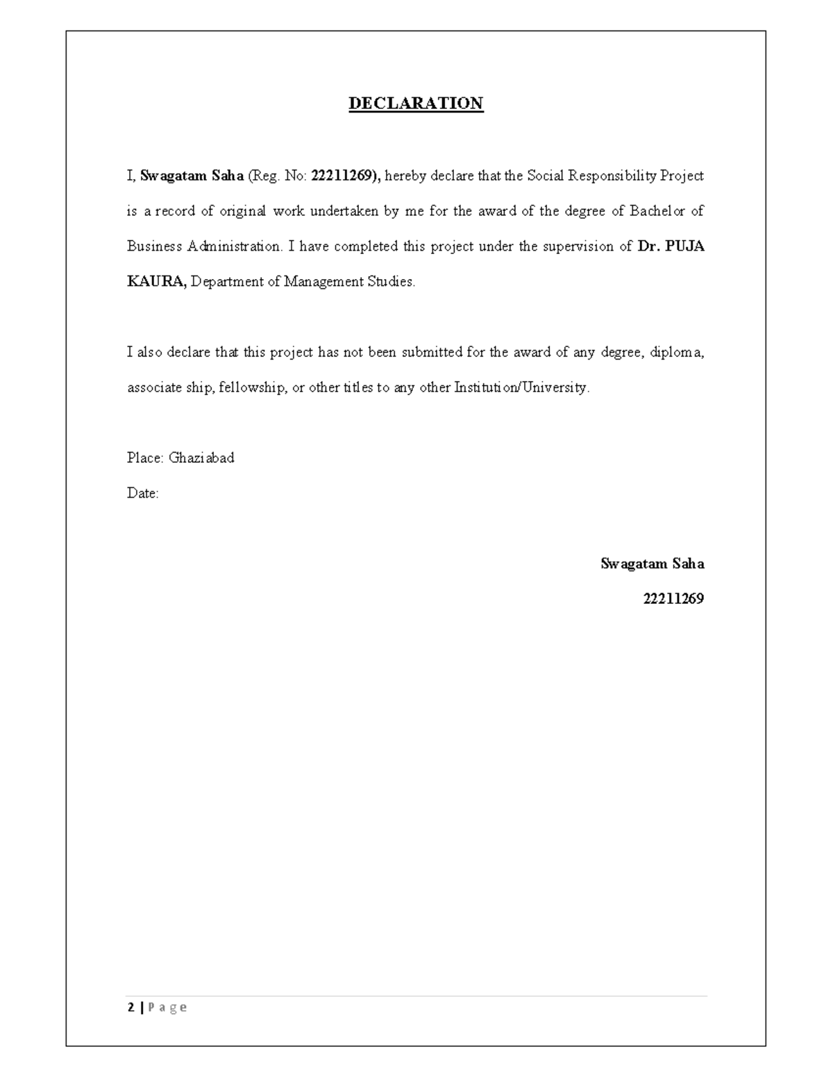 Single PAGE Print - sdv - DECLARATION I, Swagatam Saha (Reg. No ...