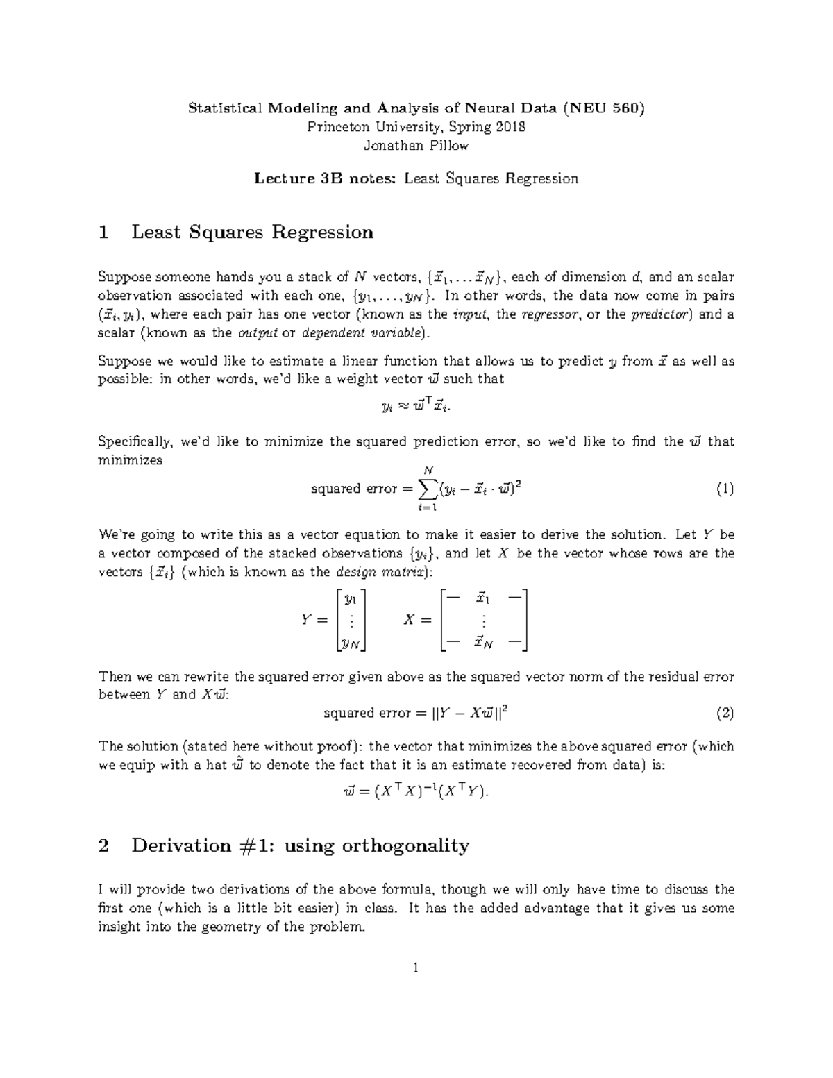 Optional Least Squares Derivation - Statistical Modeling and Analysis of Neural Data (NEU 560 ...