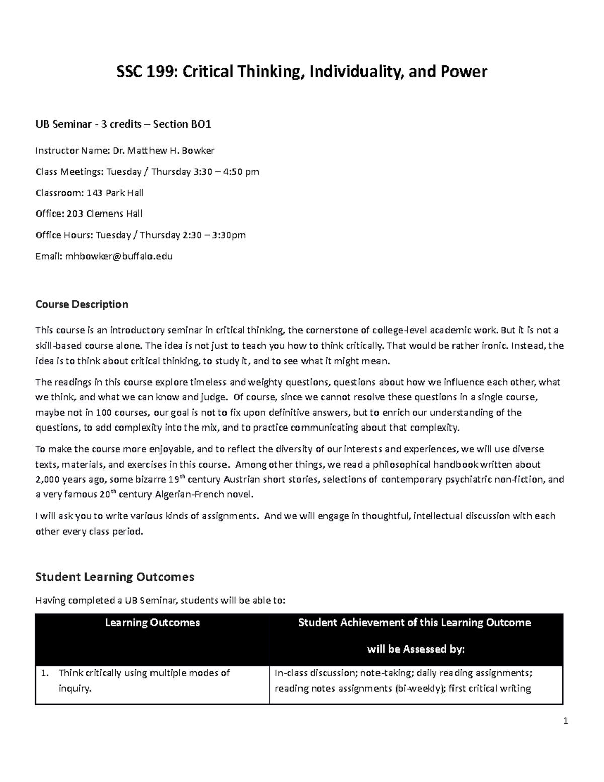 SSC 199 BO1 Syllabus - Fall 2022(1) - SSC 199: Critical Thinking ...