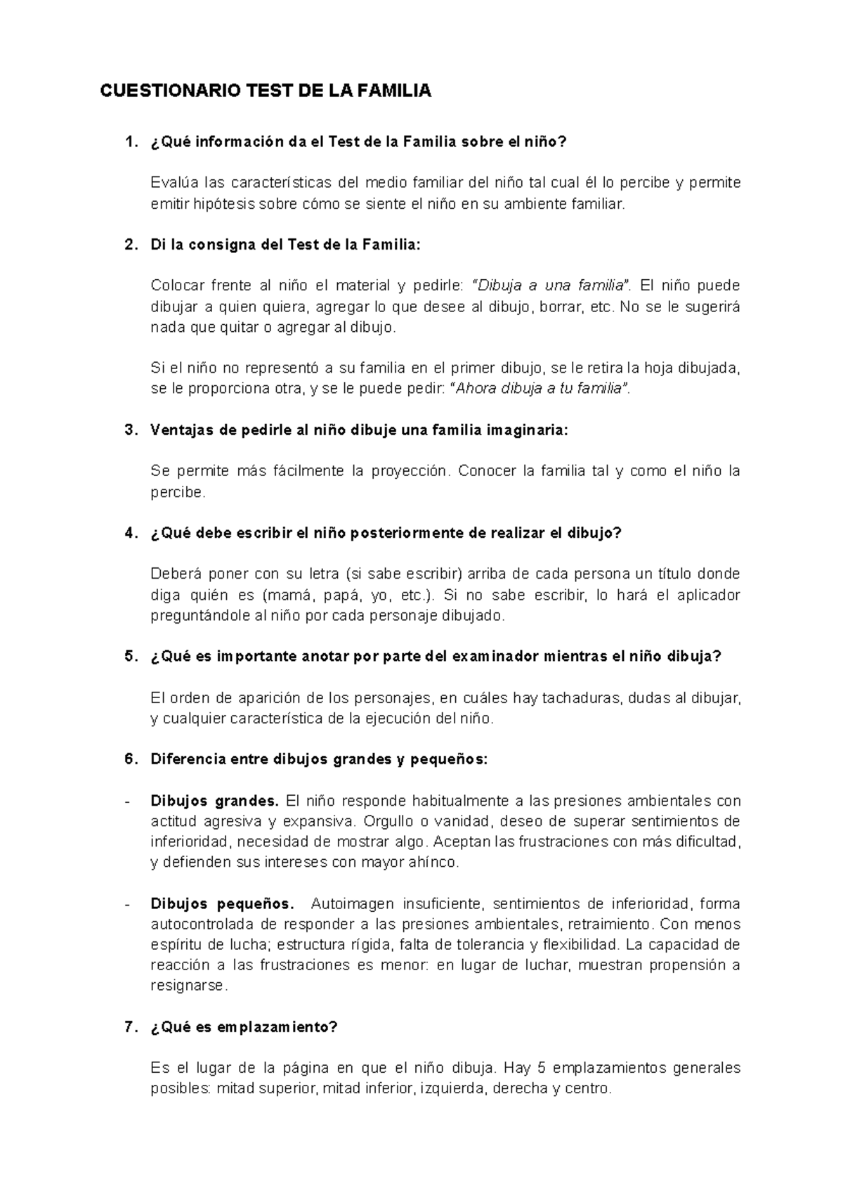 Cuestionario. Test de la Familia - CUESTIONARIO TEST DE LA FAMILIA ¿Qué ...