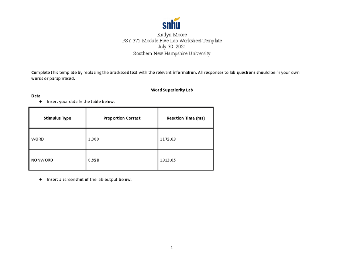 WEEK 5 LAB Worksheet - Katlyn Moore PSY 375 Module Five Lab Worksheet ...