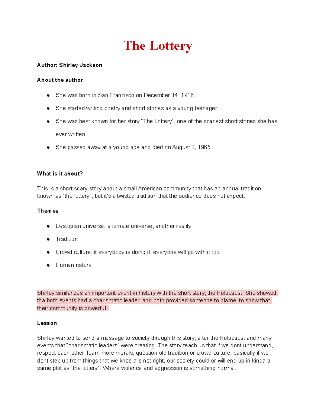 The Lottery - Helpful notes about the story and author. - The Lottery ...