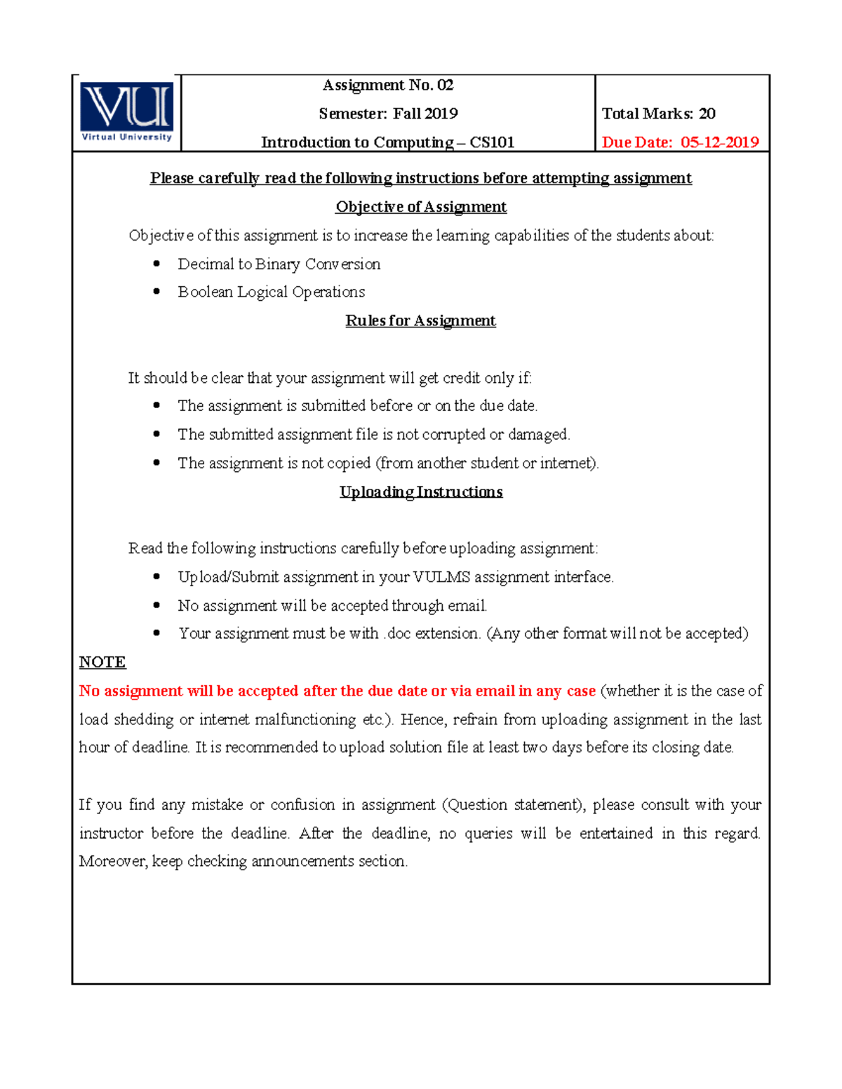 Fall 2019 CS101 2 - Assignments - Assignment No. 02 Semester: Fall 2019 Introduction to ...