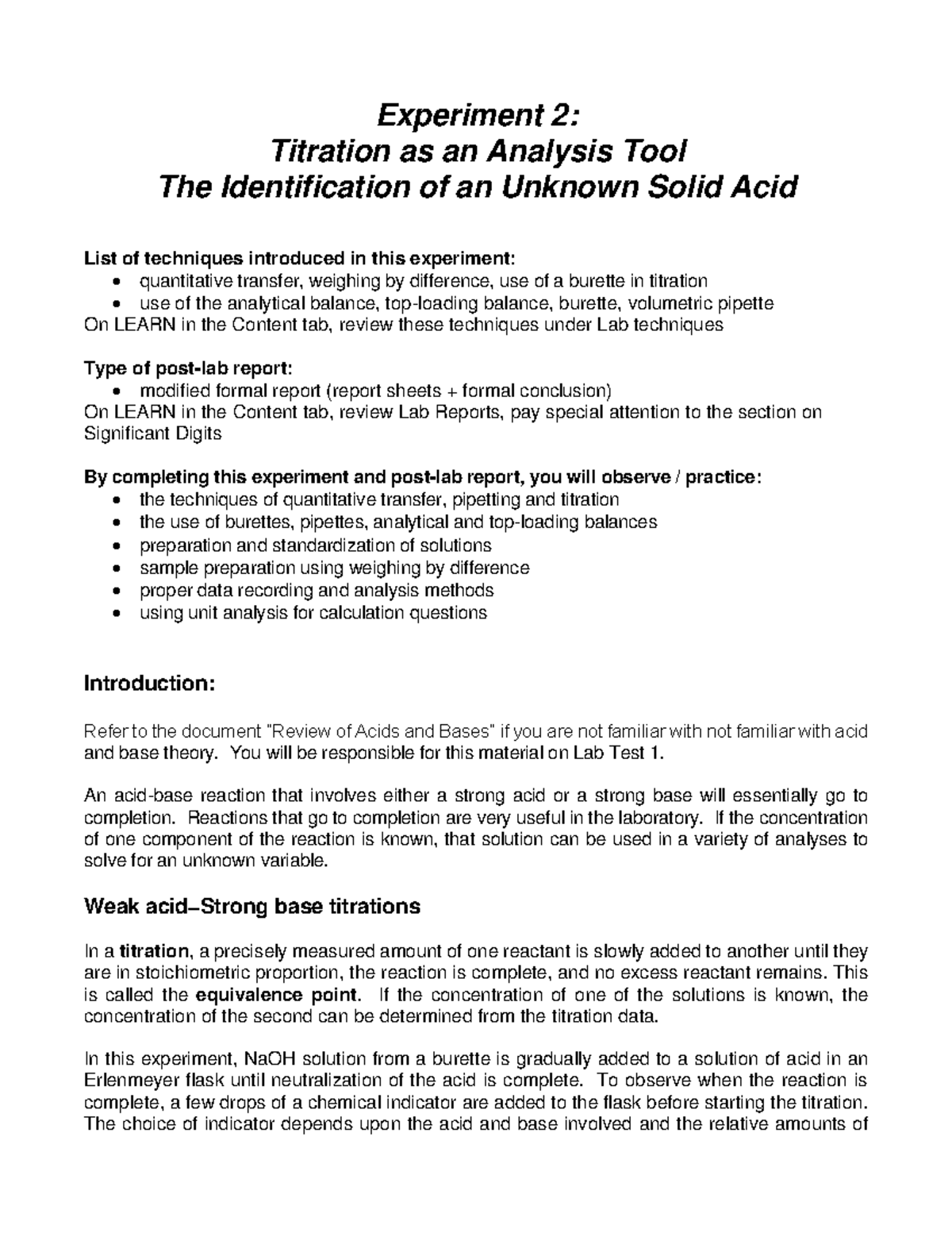 exp 2 chem backgrnd info - Experiment 2: Titration as an Analysis Tool ...