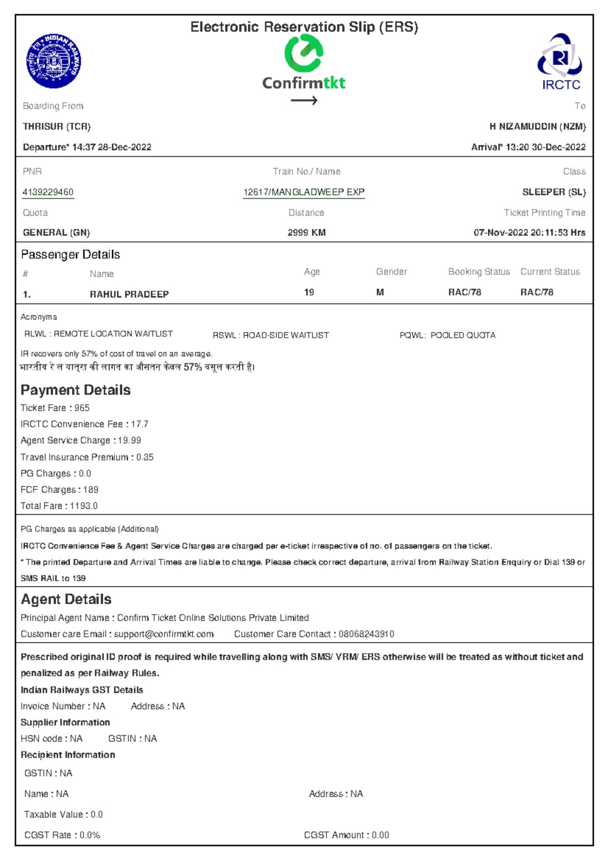 Ticket TK263596204 K41 - Electronic Reservation Slip (ERS) Passenger ...