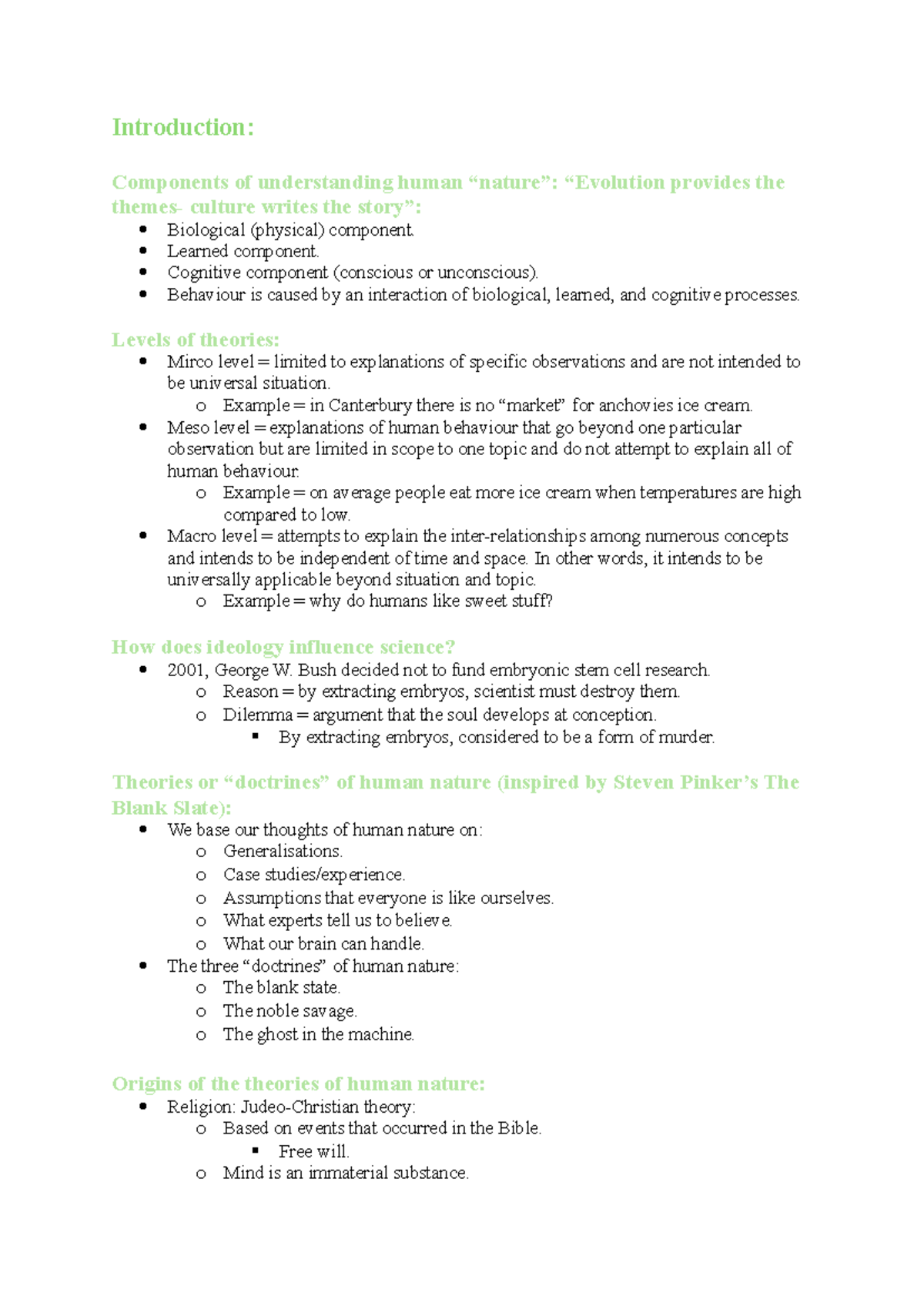 Introduction Notes - Introduction: Components of understanding human ...