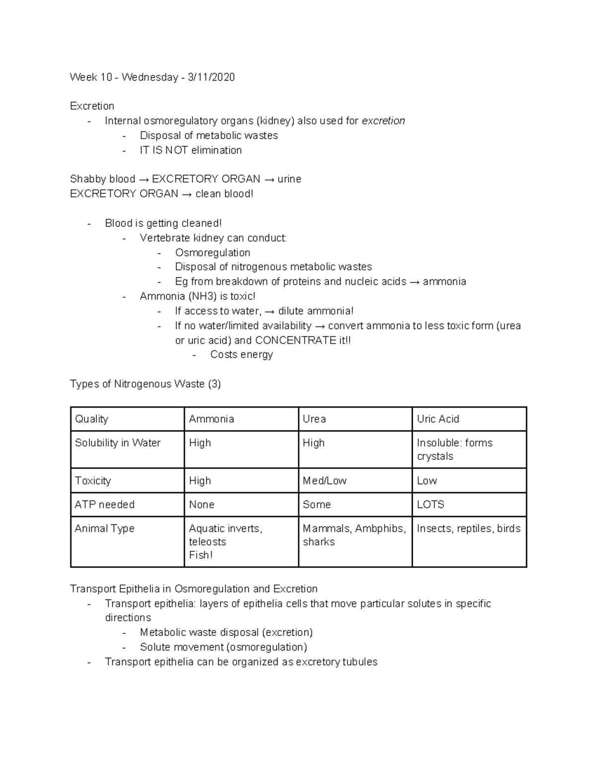 Week 10 - Wednesday - 3 11 2020 - Week 10 - Wednesday - 3/11/ Excretion ...