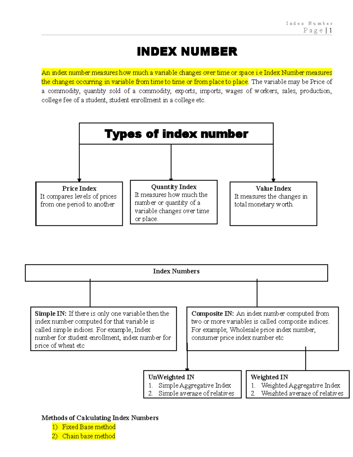 Index Number Summary - P a g e | 1 INDEX NUMBER An index number measures how much a variable ...