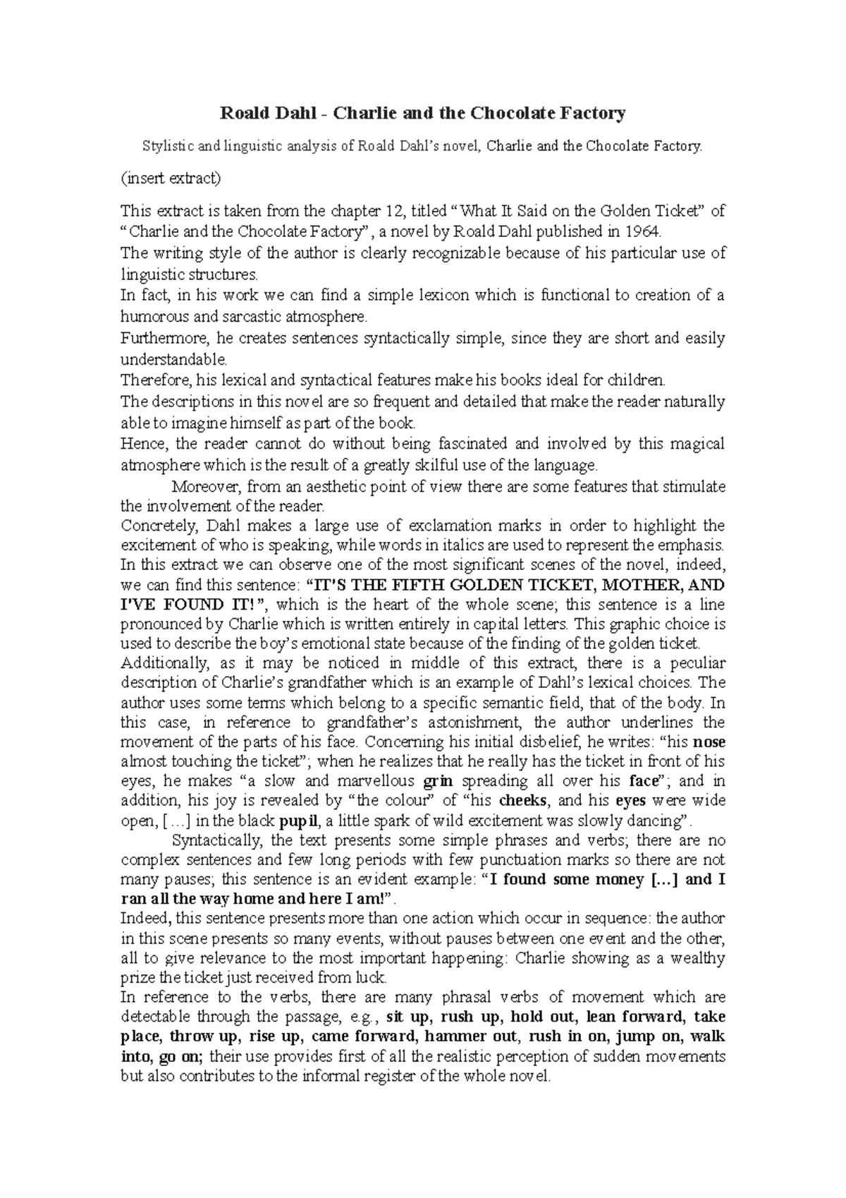 1 - Charlie and the chocolate factory analysis - Roald Dahl - Charlie ...