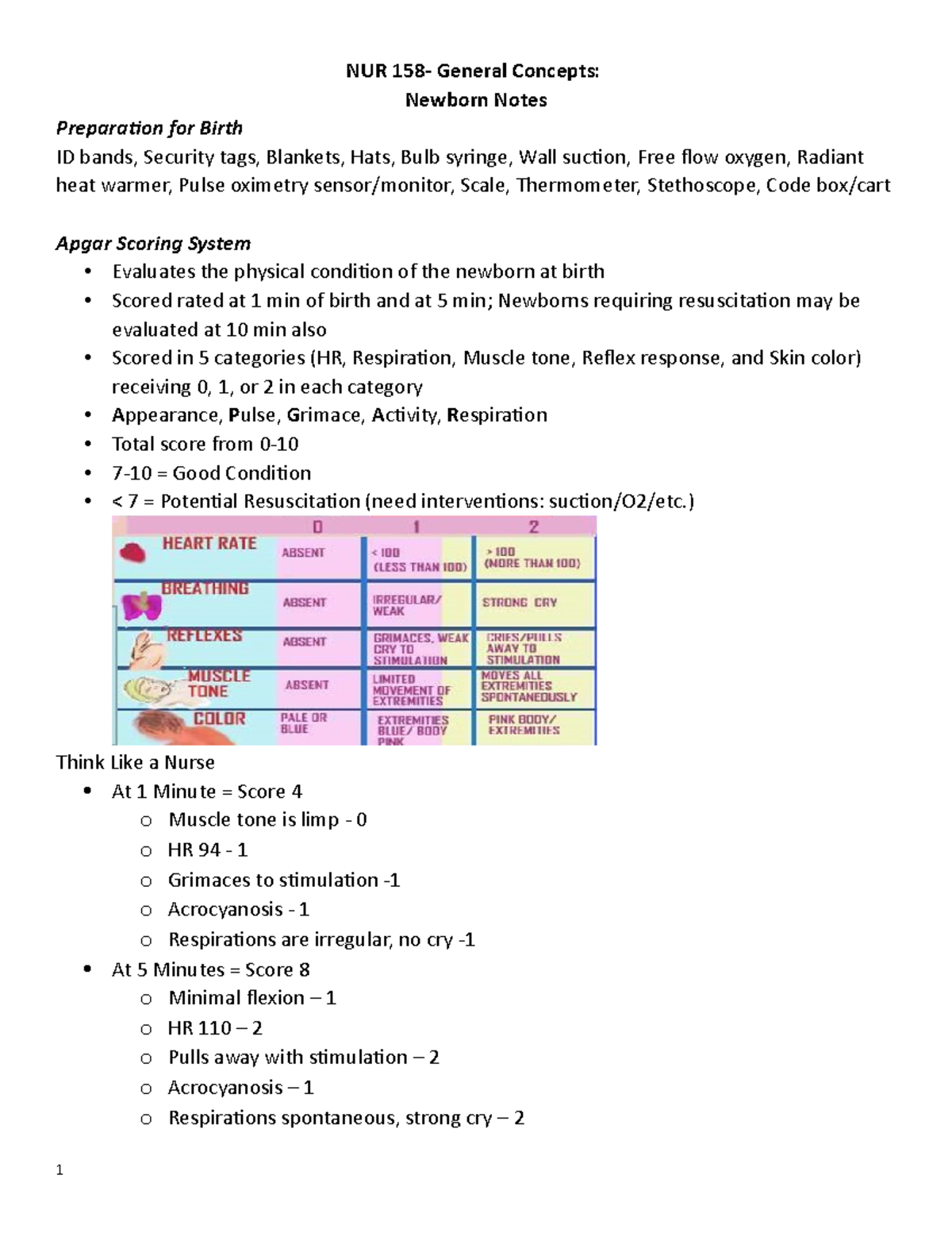 158 Goodreau Newborn Notes - NUR 158- General Concepts: Newborn Notes ...