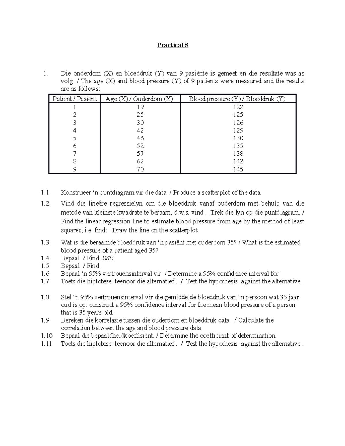 Practical 8 sem2 - Practical 8 Die onderdom (X) en bloeddruk (Y) van 9 pasiënte is gemeet en die ...