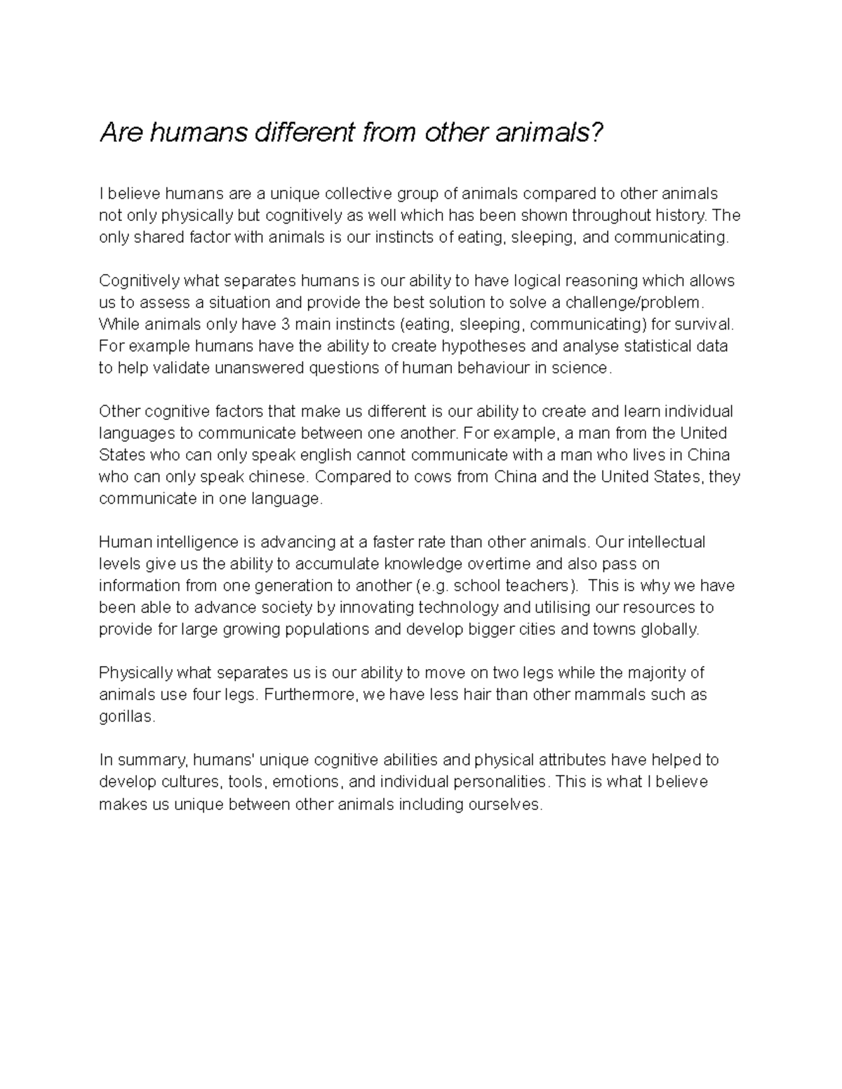 BIOL1210 - Writing Task - Are humans different from other animals? I ...