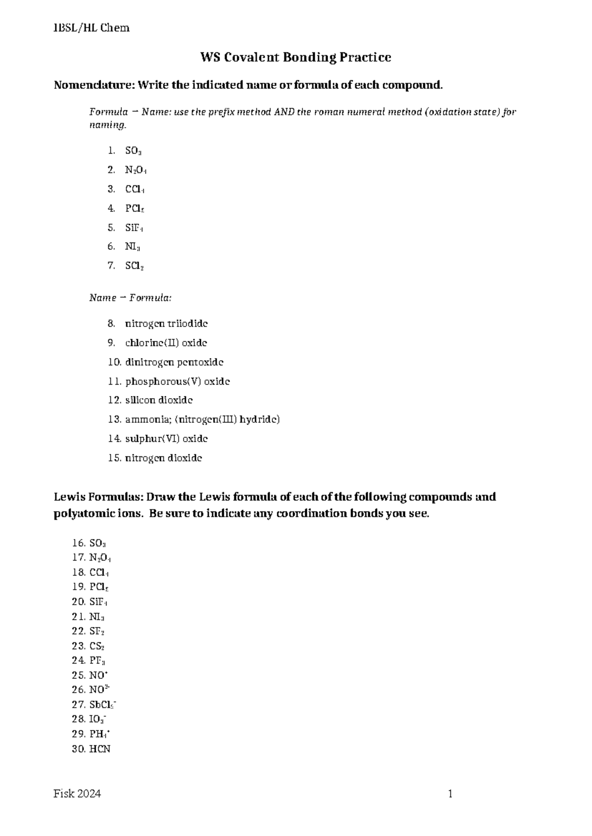 WS Covalent Bonding Practice (Nomenclature & Lewis) - IBSL/HL Chem WS ...