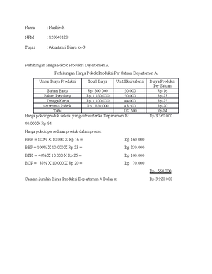 HPP Proses - menghitung harga pokok produksi untuk 1 departemen - Nama : Naskiroh NPM ...