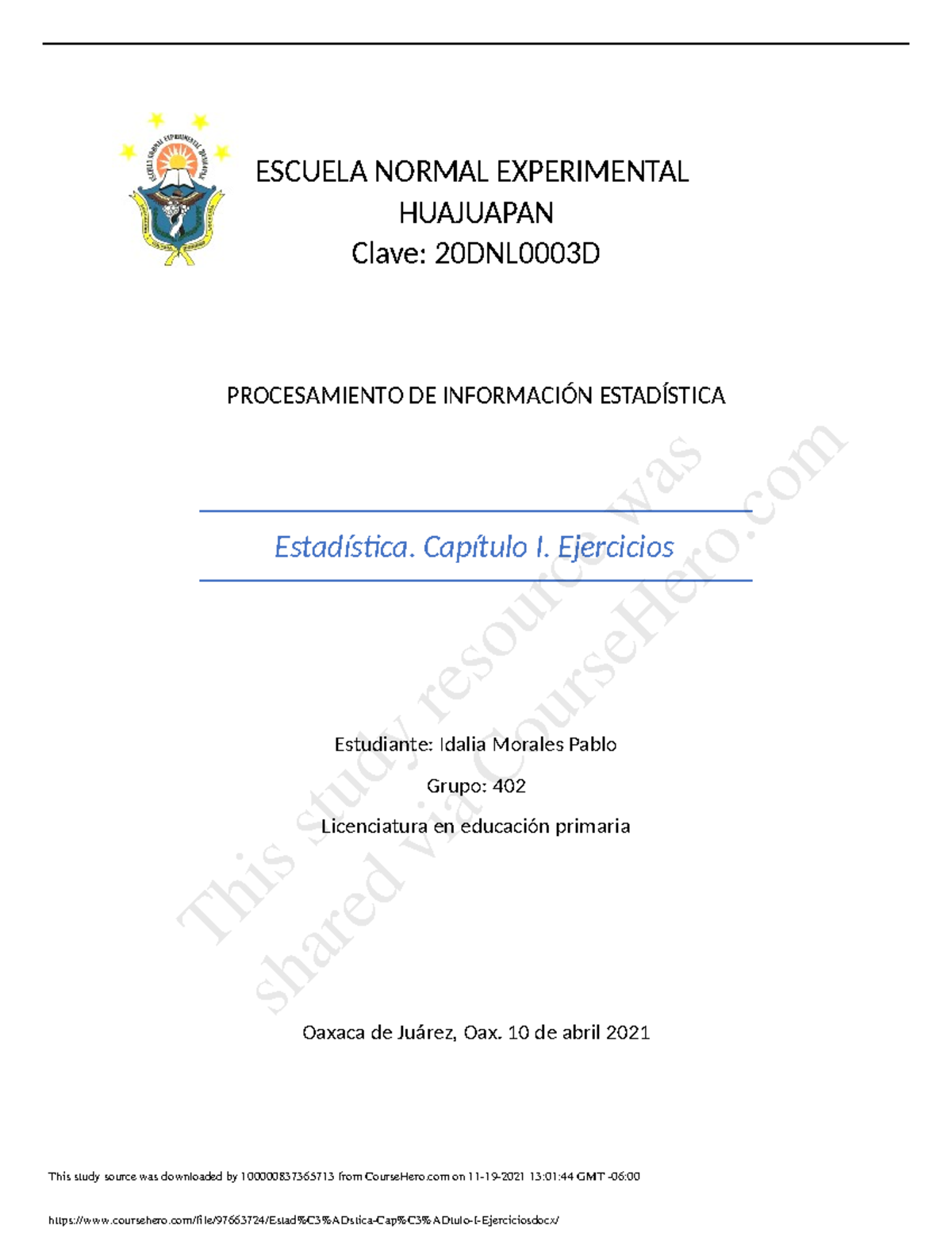 Estad stica Cap tulo I Ejercicios de probabilid - ESCUELA NORMAL EXPERIMENTAL HUAJUAPAN Clave ...