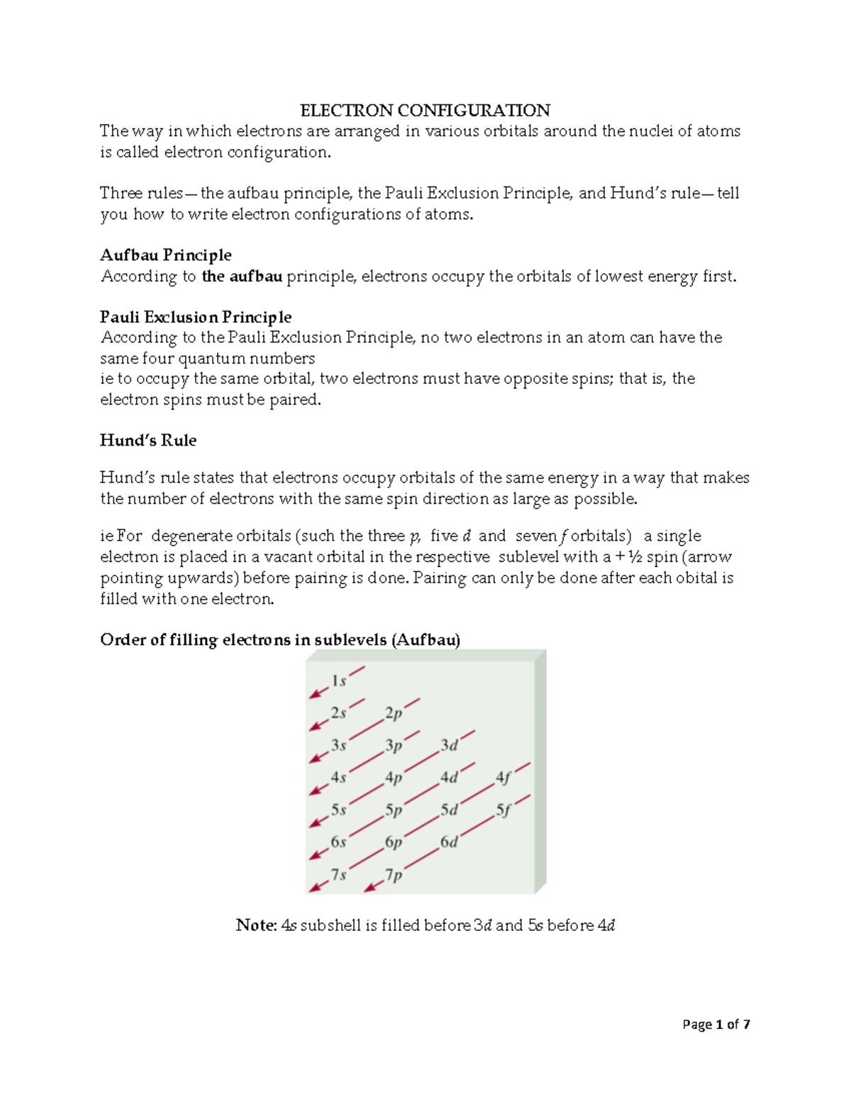 CHEM 111 Lecture Two notes 2 - ELECTRON CONFIGURATION The way in which ...