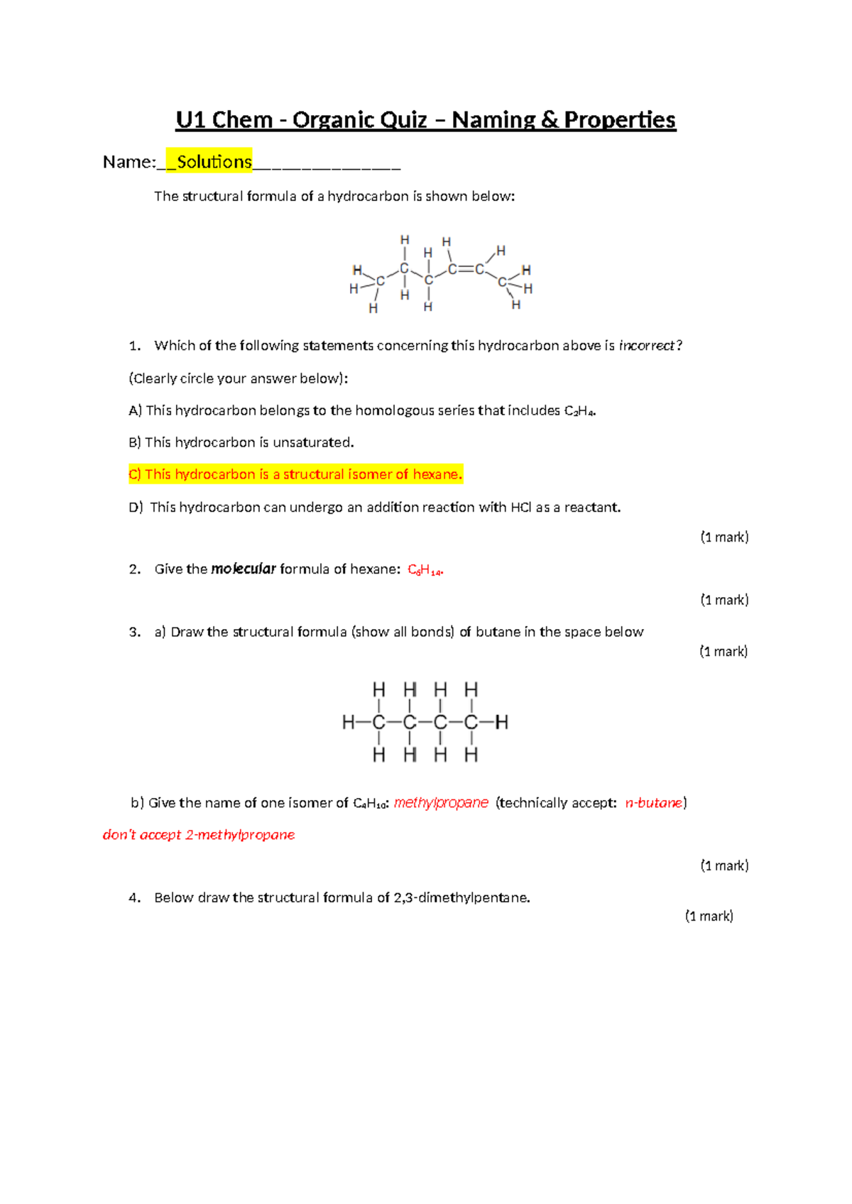 Quiz 4 - Organic Chemistry ( Solutions) - U1 Chem - Organic Quiz ...