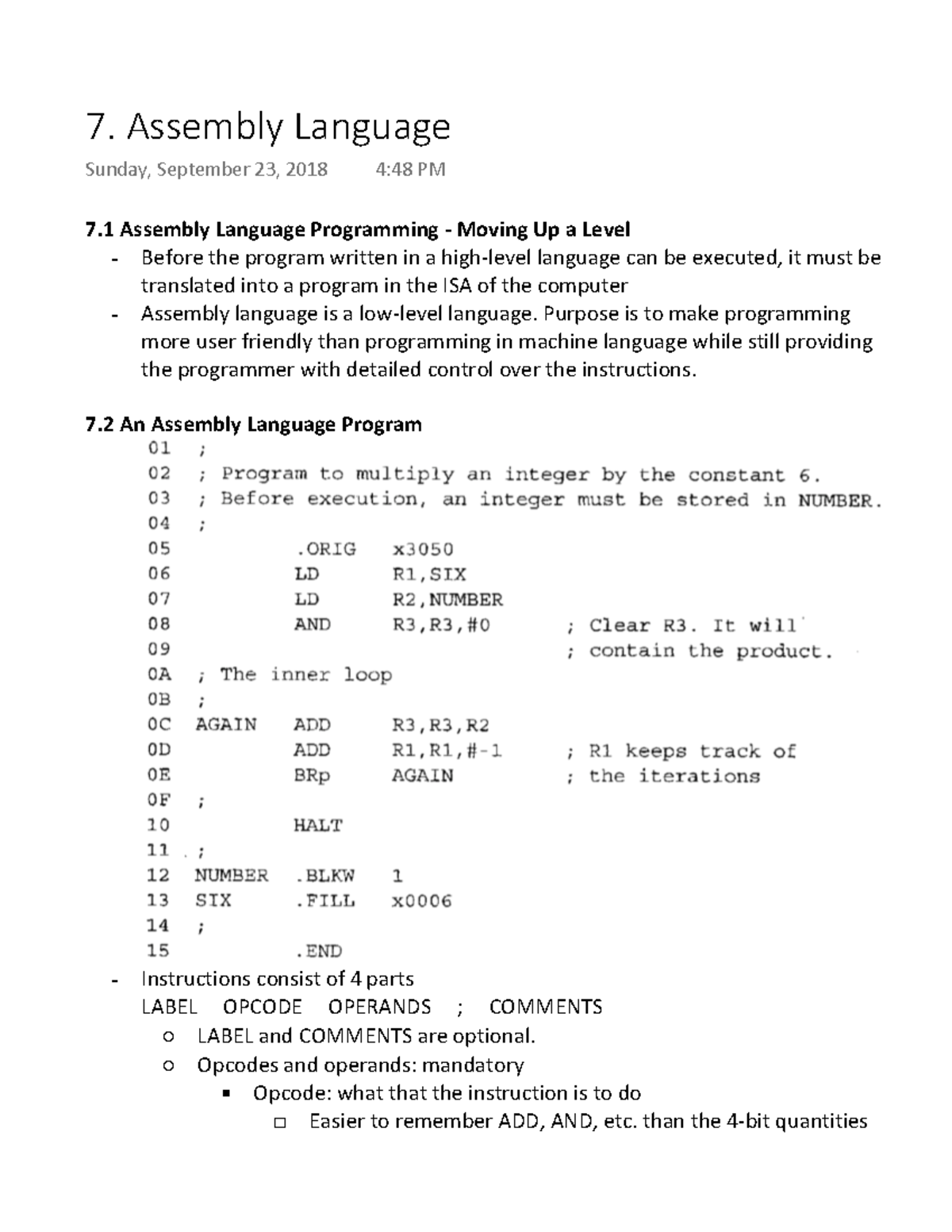 7. Assembly Language - Summary Introduction to Computing Systems - 7 ...