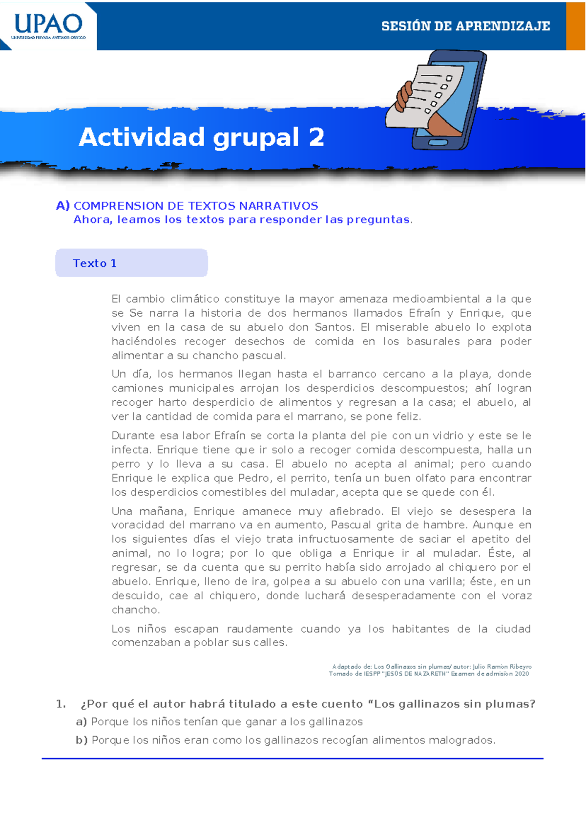 Texto narrativo actvidades grupales practica s4 - Actividad grupal 2 A) COMPRENSION DE TEXTOS ...