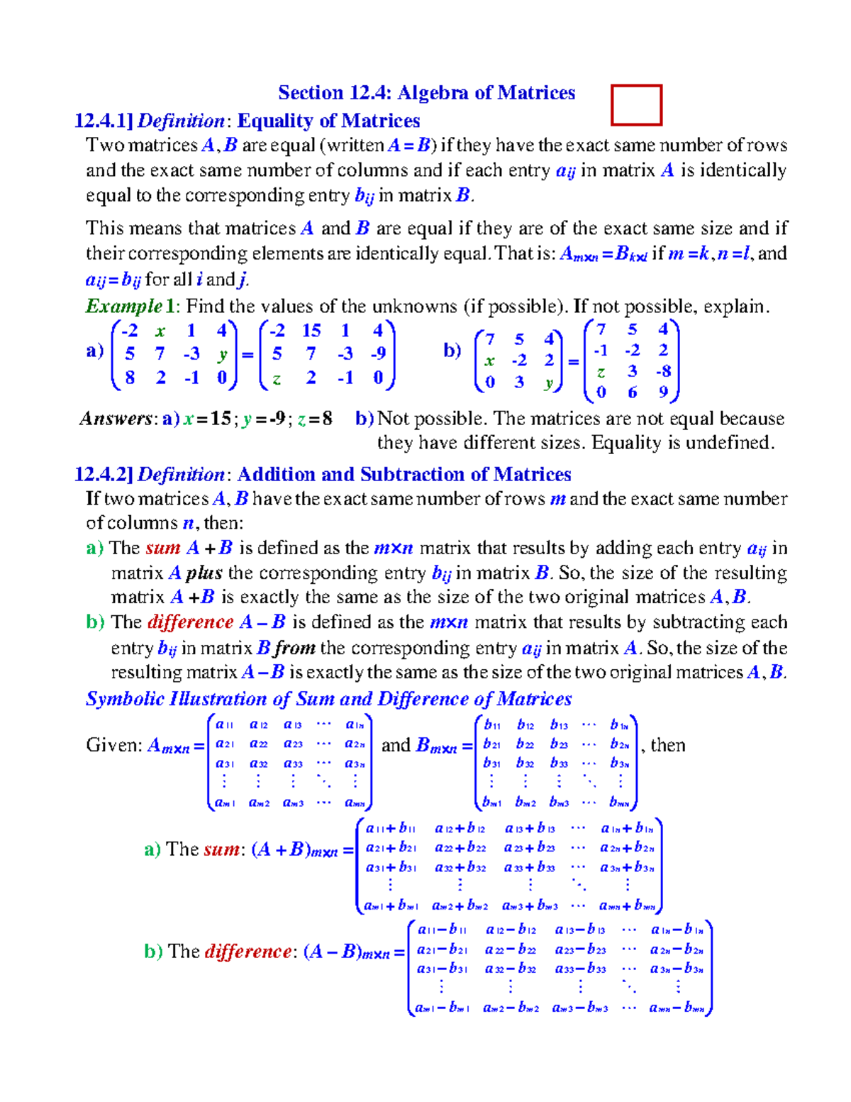 12 - Notes - Section 12: Algebra of Matrices 12] Definition : Equality ...