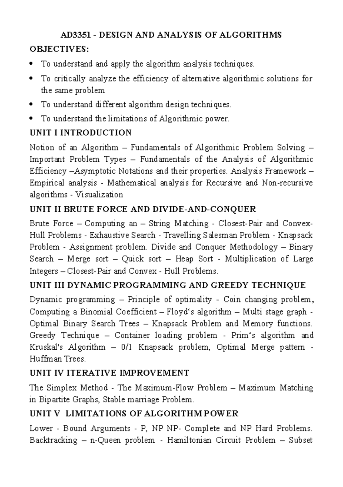 AD3351-DAA-QB - lab manual - AD3351 - DESIGN AND ANALYSIS OF ALGORITHMS OBJECTIVES: To ...