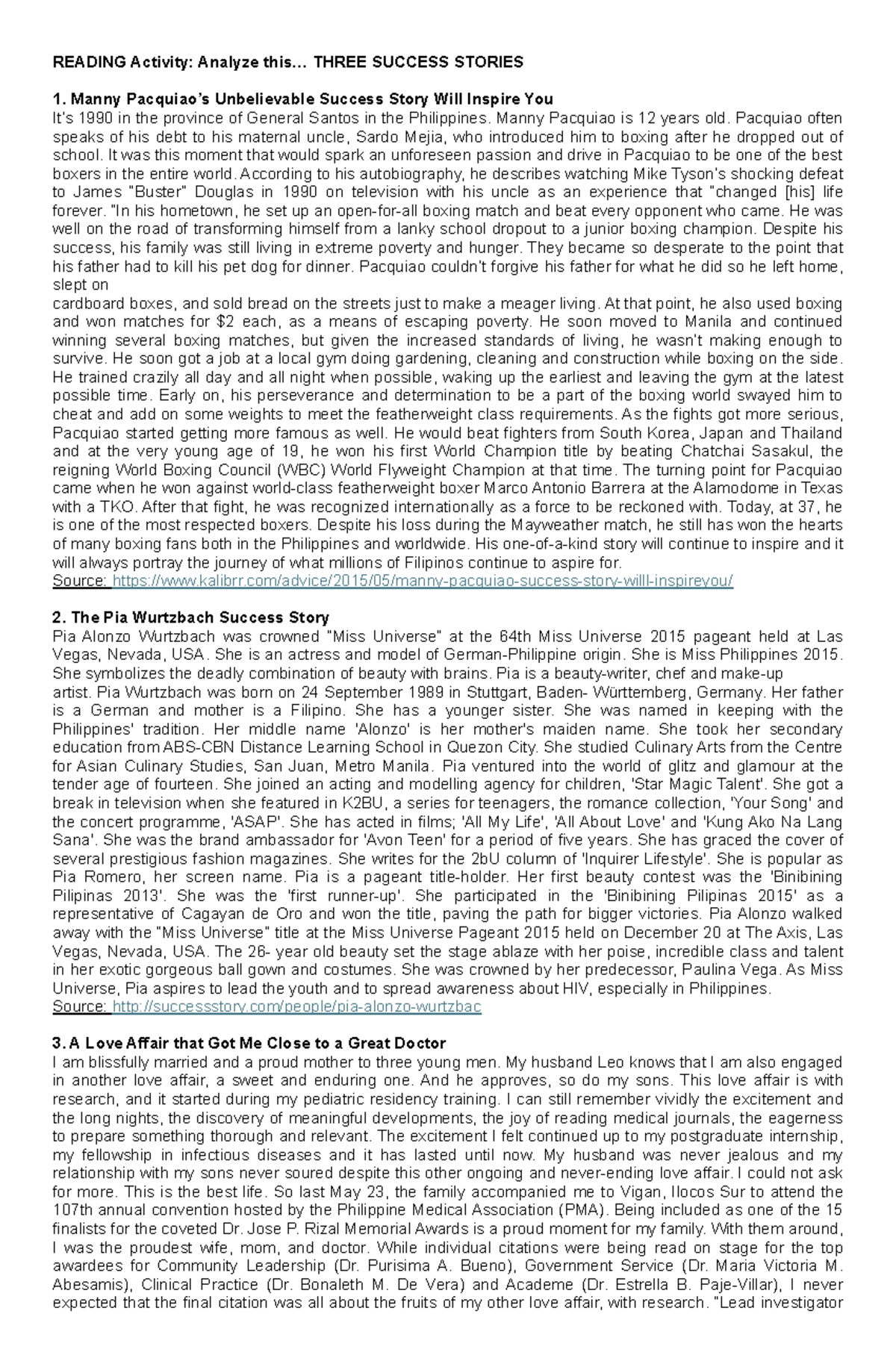 Three- Success- Stories - READING Activity: Analyze this... THREE ...