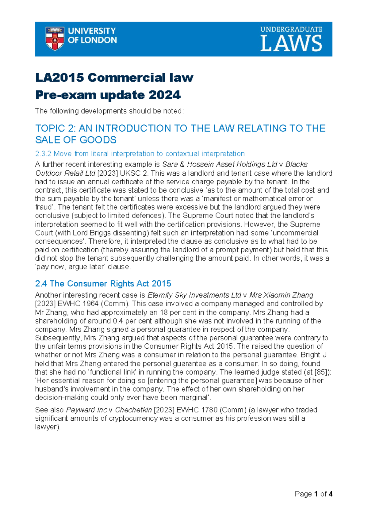 Commercial peu24 - LA2015 Commercial law Pre-exam update 2024 The ...