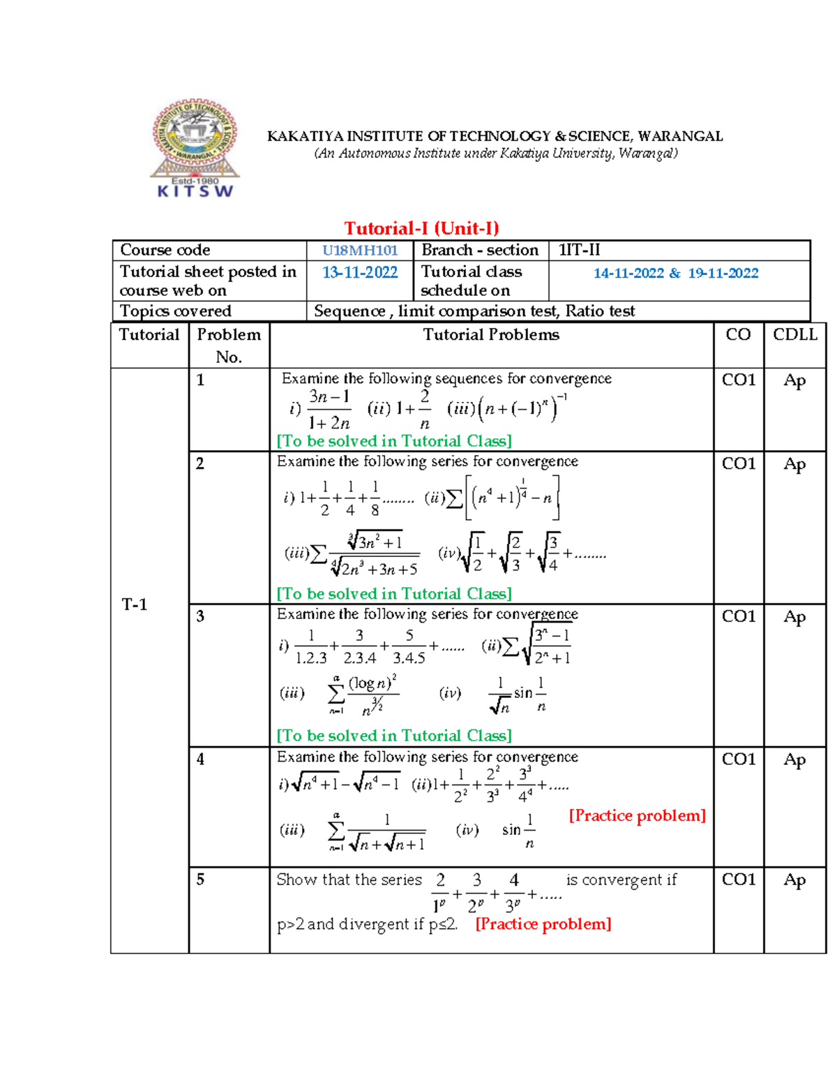 EM1-T-1 - Engineering mathematics important tutorials 1 - KAKATIYA INSTITUTE OF TECHNOLOGY ...
