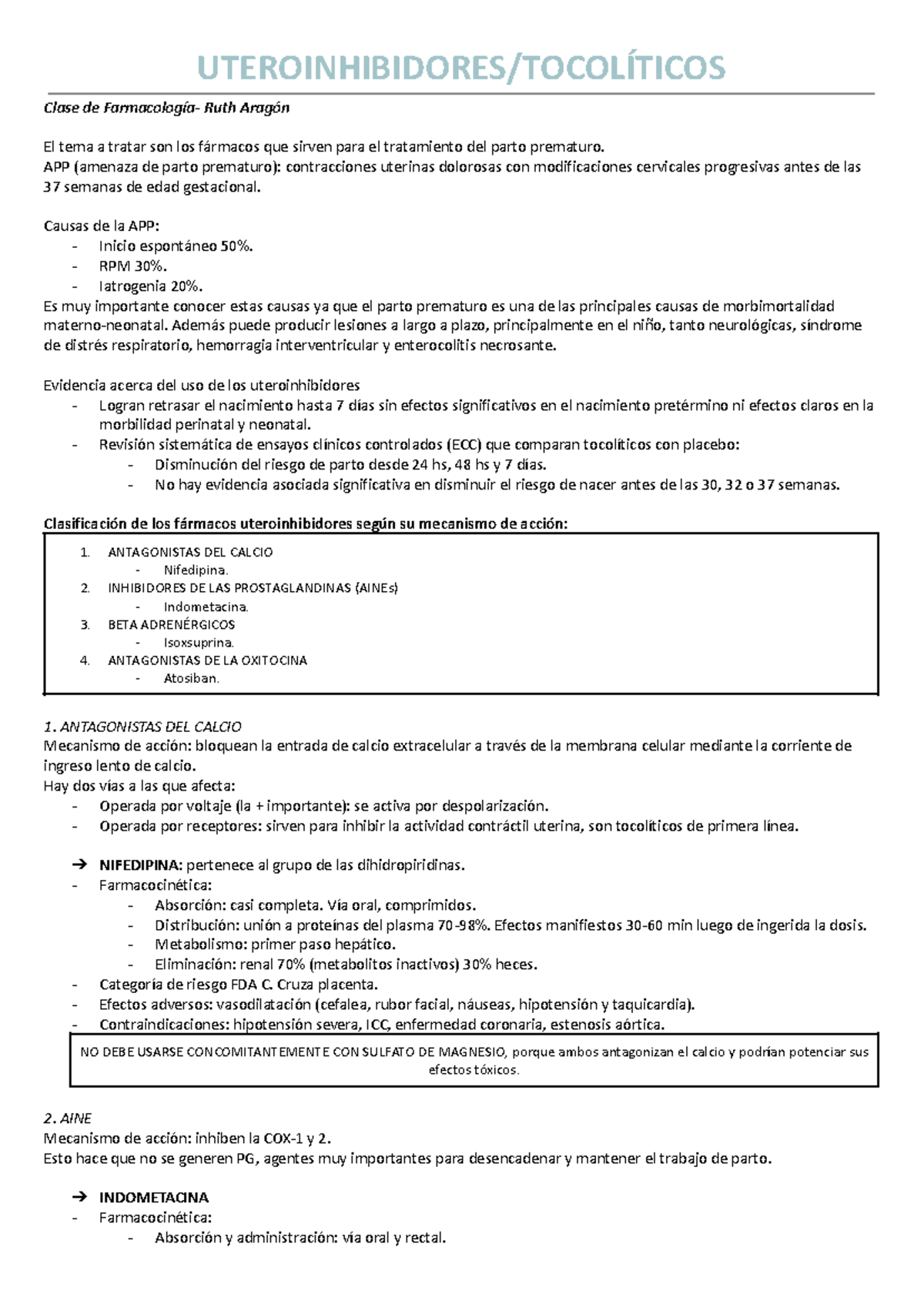 Clase Dra Aragón - Uteroinhibidores. Tocolíticos - UTEROINHIBIDORES ...