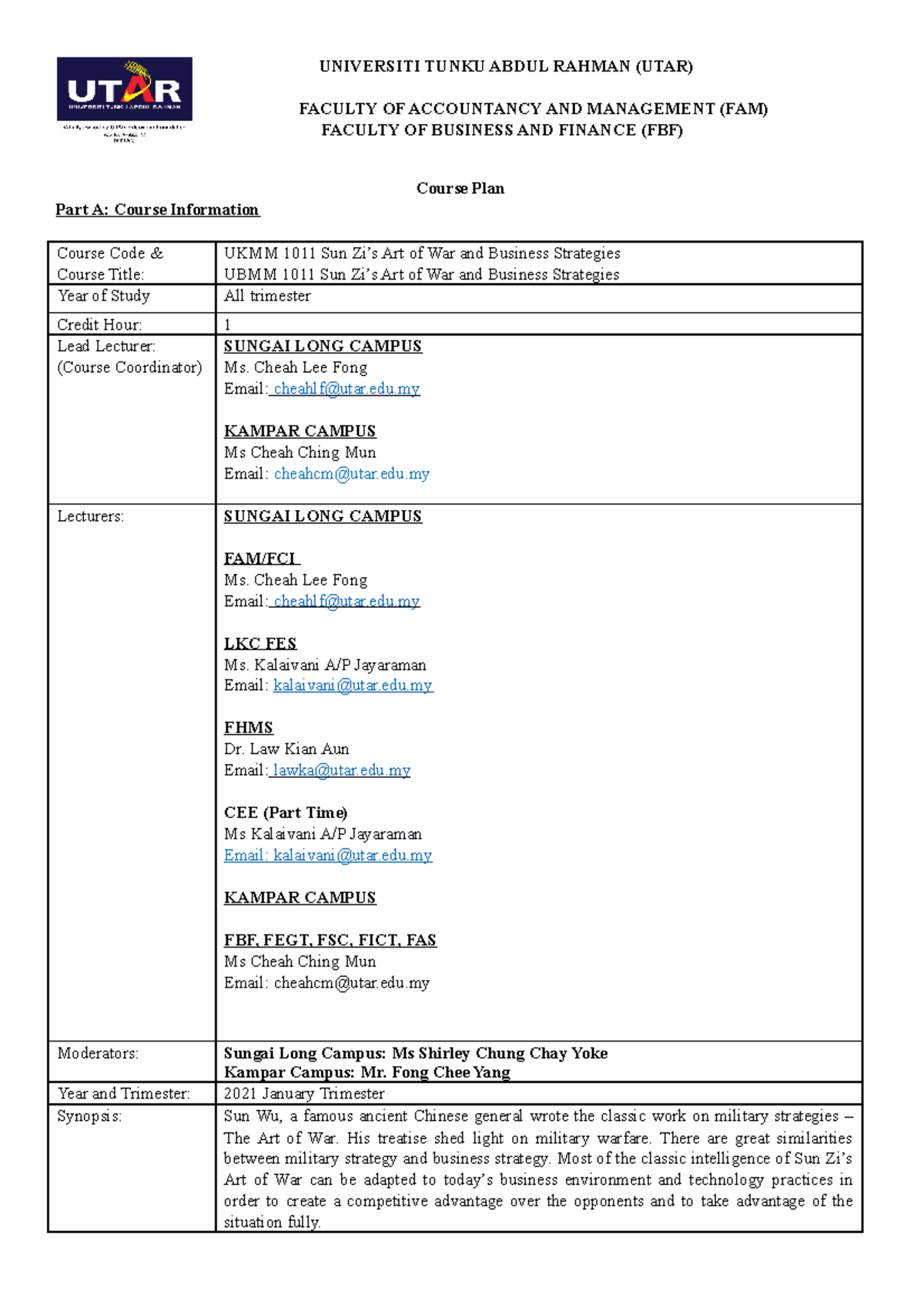 Course Plan UBMM1011 JAN21 wble - UNIVERSITI TUNKU ABDUL RAHMAN (UTAR ...
