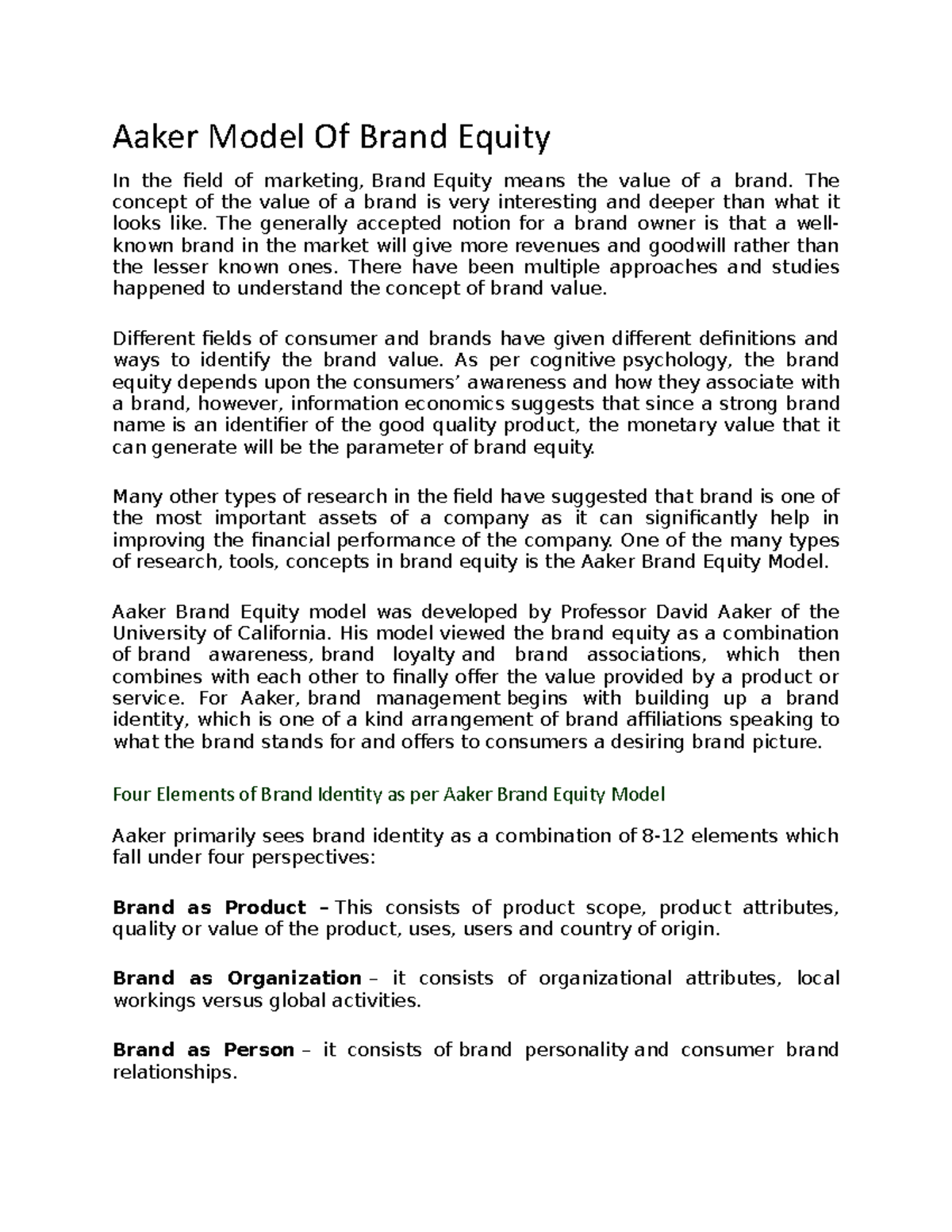 Aaker Model Of Brand Equity - The concept of the value of a brand is ...