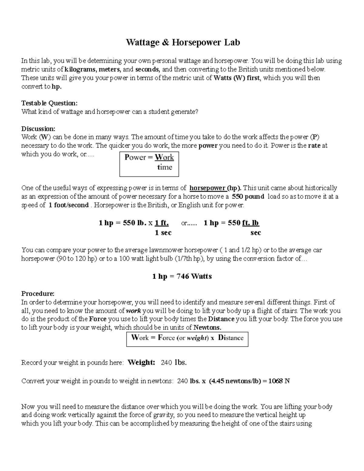 Horsepower Lab - You will be doing this lab using metric units of ...