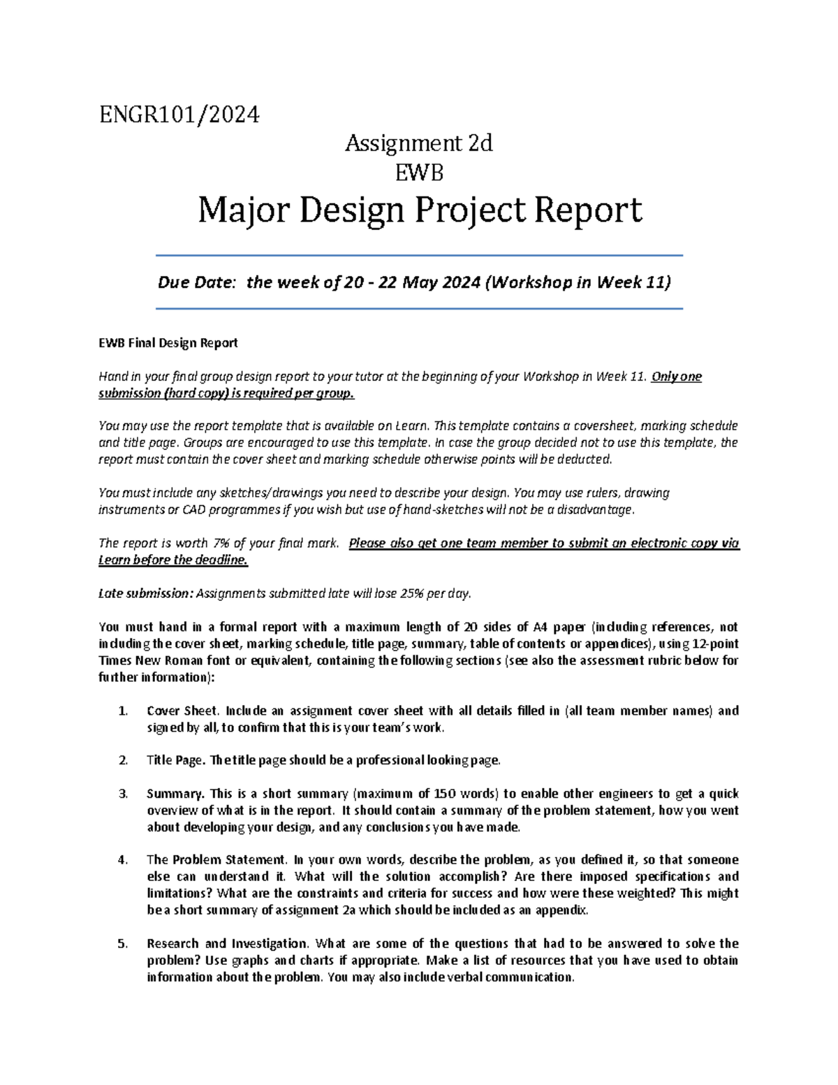 EWB 2d Final Report General Guidlines - ENGR101/202 4 Assignment 2d EWB ...
