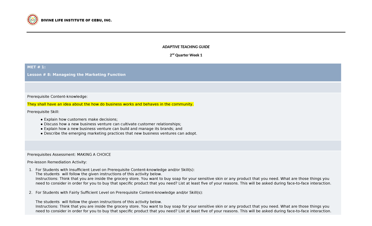 ATG- Entrep-Q2-W1-6-22-23 - ADAPTIVE TEACHING GUIDE 2 nd Quarter Week 1 ...